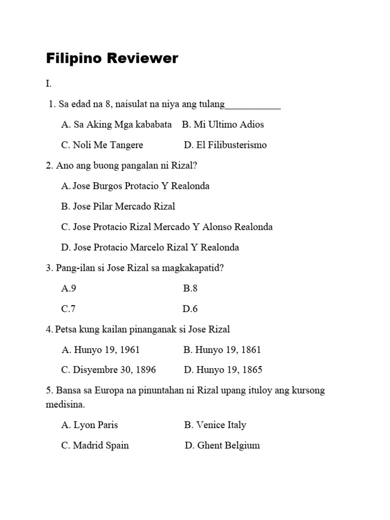 Filipino Reviewer Quiz Bee | PDF