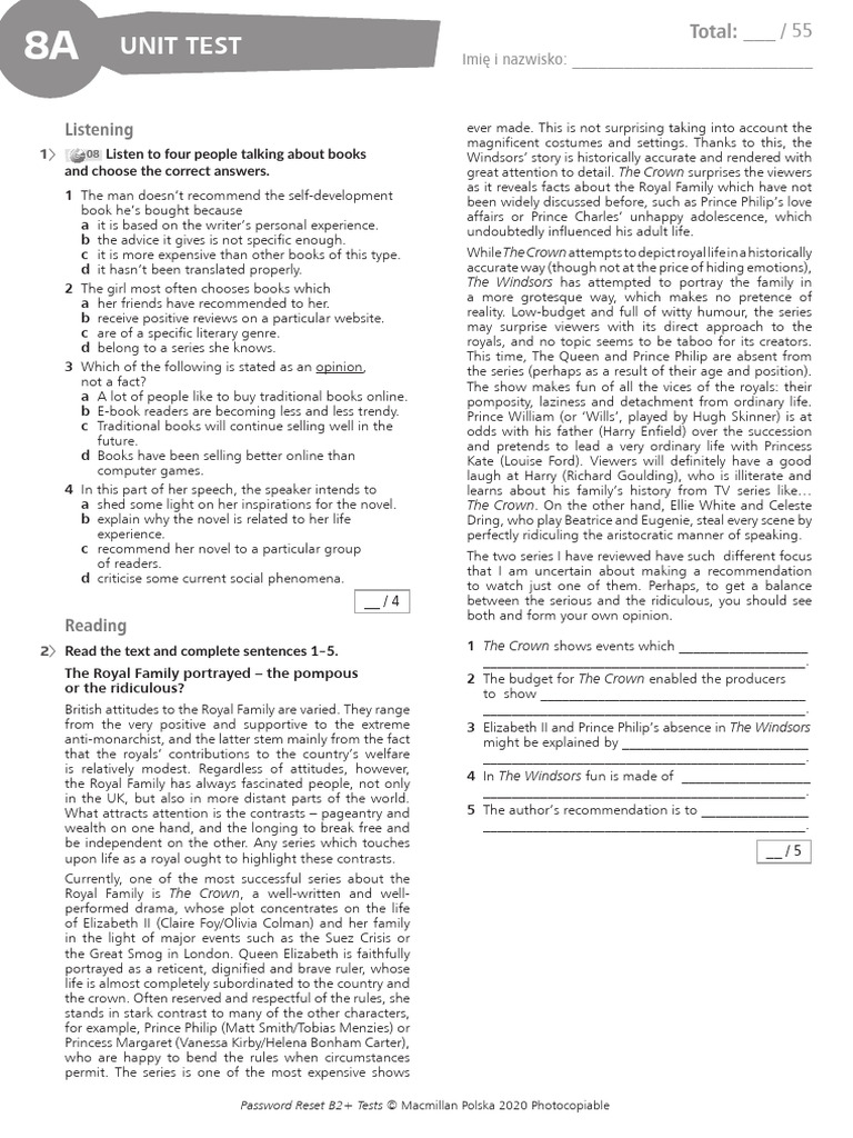 B2+ Unit Test: English Skills Assessment | PDF
