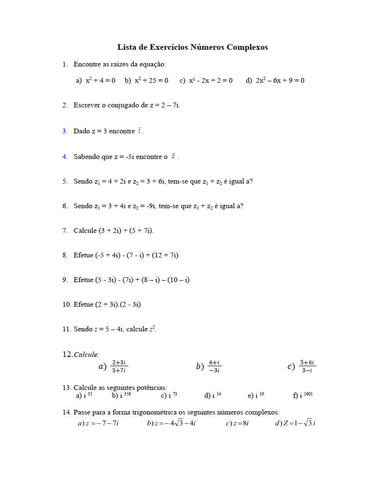 Exercícios sobre Números Complexos | PDF