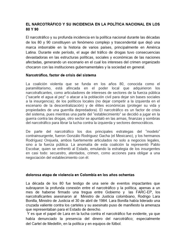 El Narcotráfico y Su Incidencia en La Política Nacional en Los 80 y 90 | PDF | Comercio ilegal ...