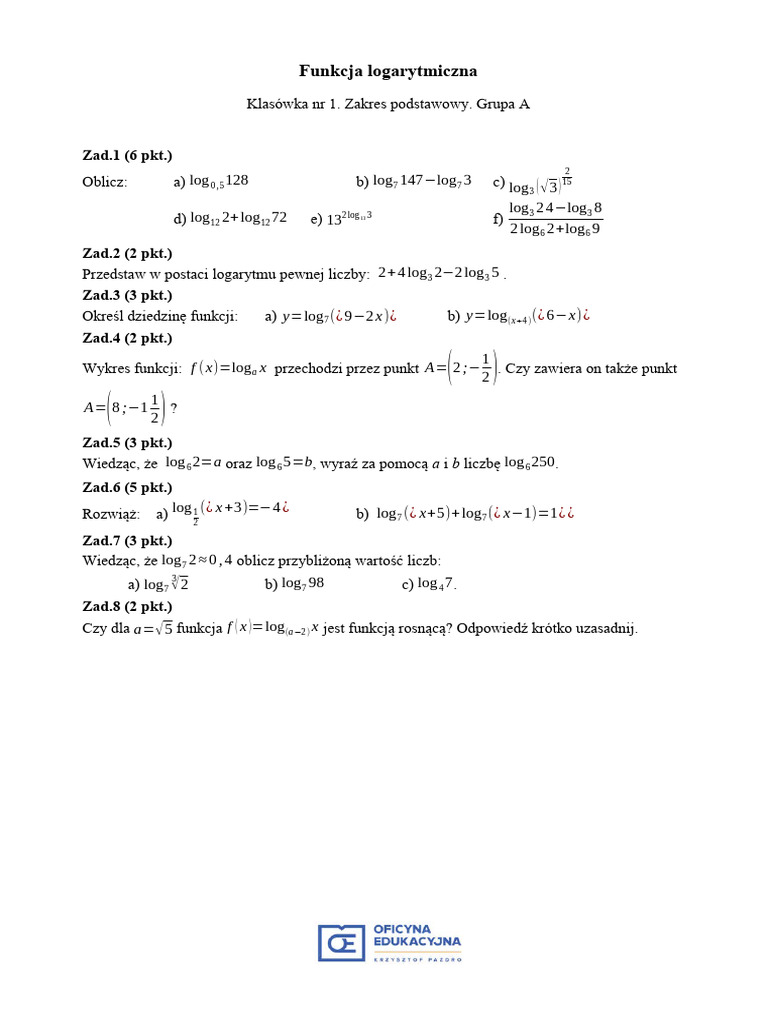 Klasówka Funkcja Logarytmiczna Klasa 4 | PDF