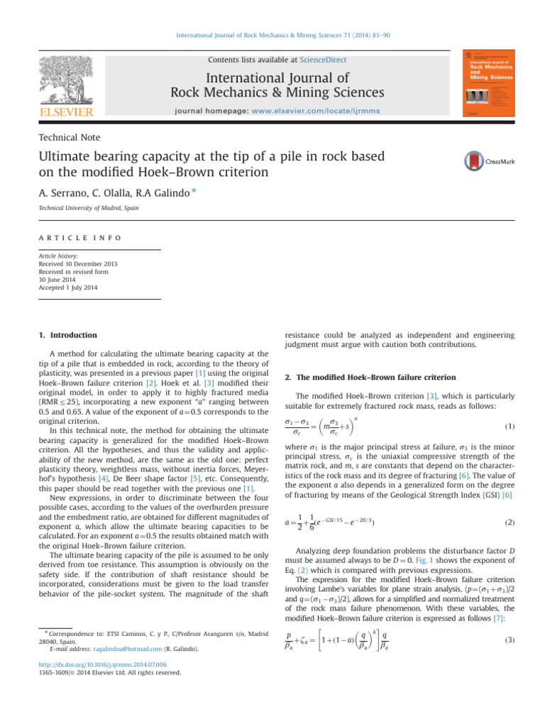 Ultimate Bearing Capacity at The Tip of A Pile in Rock Based On The Modified Hoke-Brown ...
