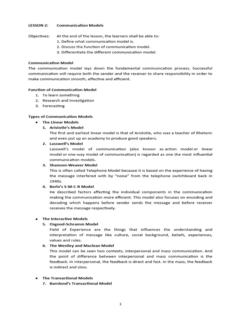 Lesson 2 Communication Models | PDF | Communication | Cognition