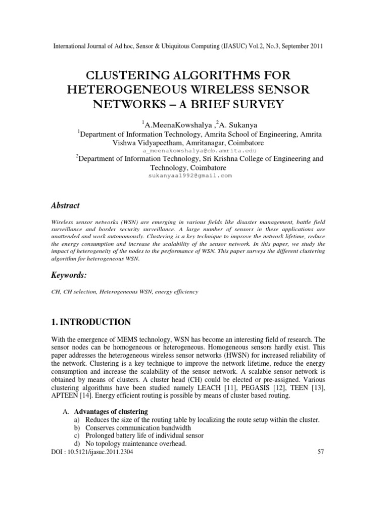 Clustering Algorithms For Heterogeneous Wireless Sensor Networks A Brief Survey Pdf