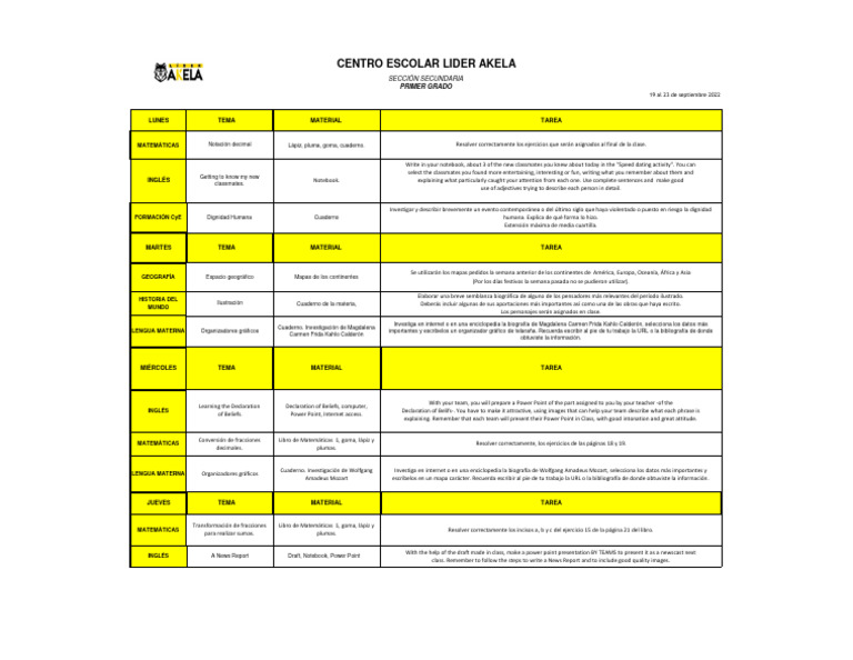 Centro Escolar Líder Akela: Lunes Tema Material Tarea | PDF