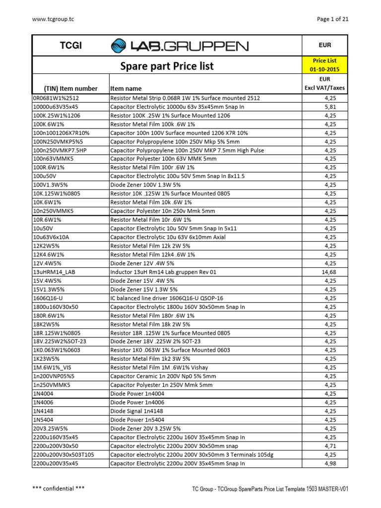 TCGI Spare Parts Price List 2015 | PDF