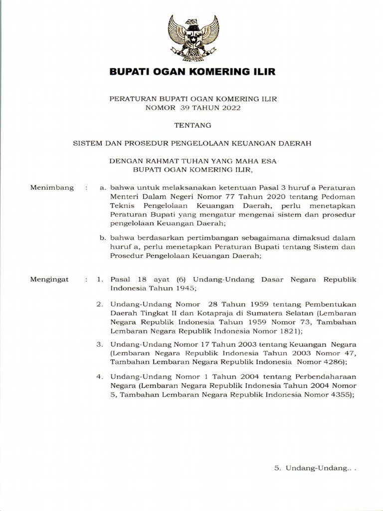 Peraturan Bupati OKI Nomor 39 Tahun 2022, Tentang Sistem Dan Prosedur Pengelolaan Keuangan ...