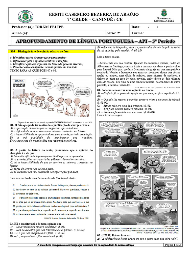 Avaliaçao Ap Portugues 2B Cad 3 | PDF