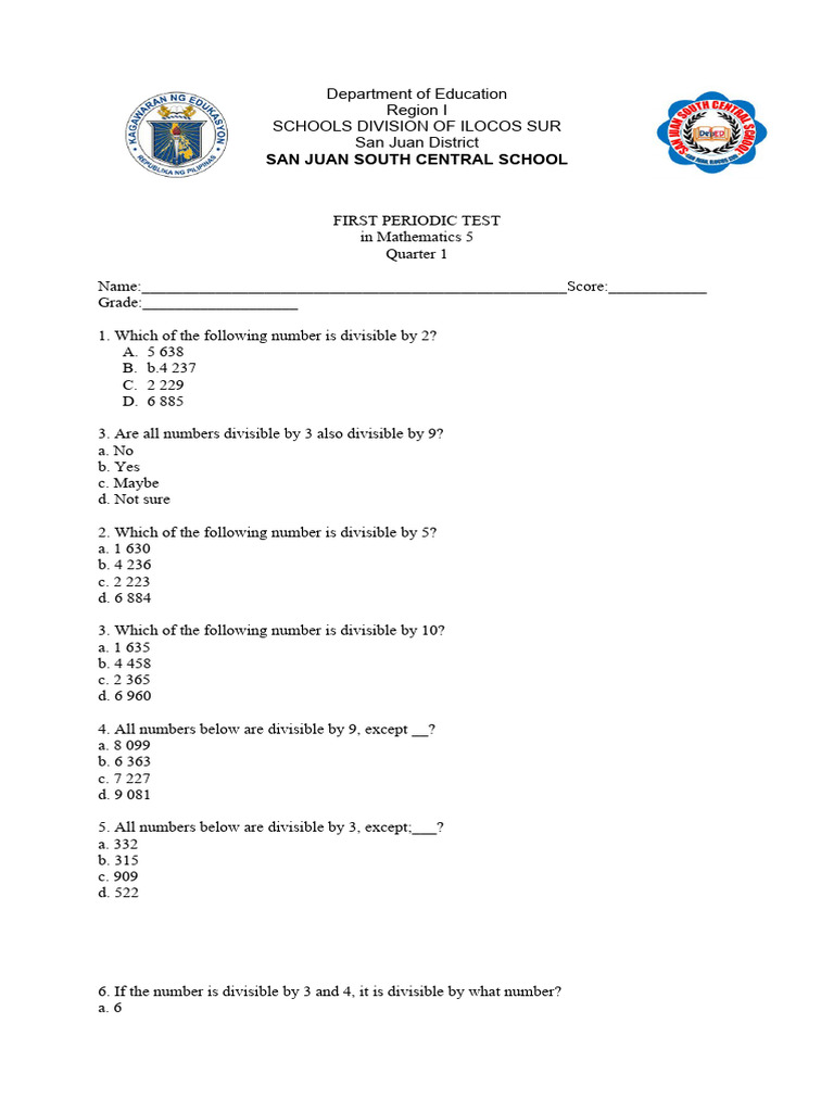1st Periodical Test In Mathematics 5 Pdf Multiplication