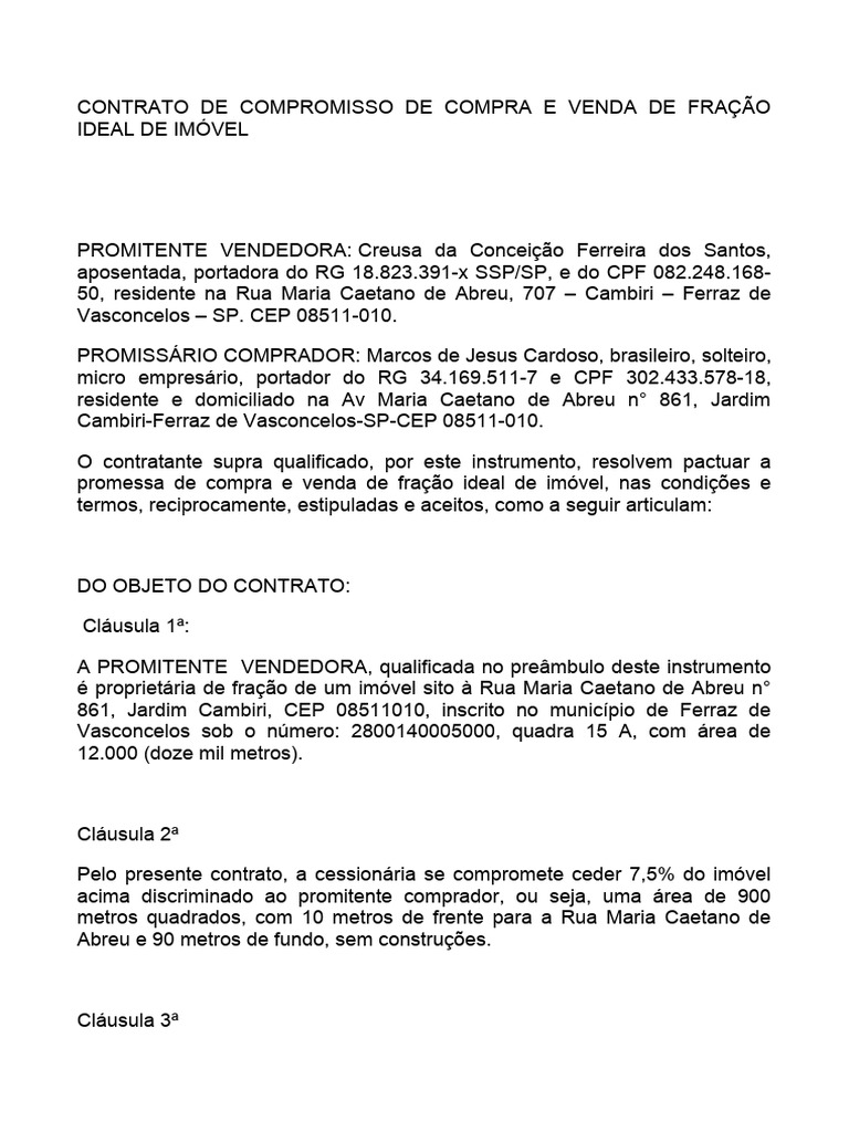 Contrato Promessa de Compra e Venda de Fracao Ideal de Imovel | PDF