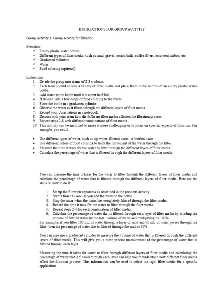 Filtration Group Activity Instructions | PDF | Filtration | Water