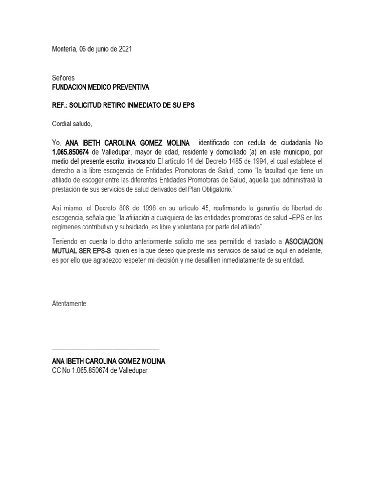 SOLICITUD RETIRO EPS | PDF