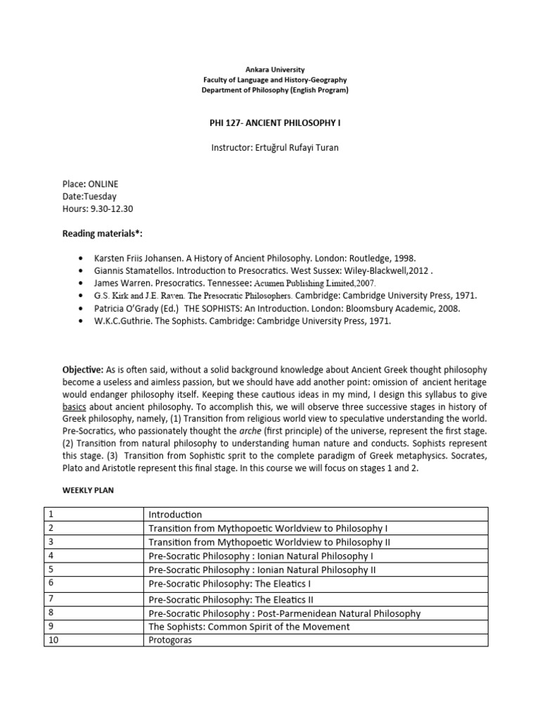 Ancient Philosophy I Syllabus Pdf Ancient Greek Philosophy