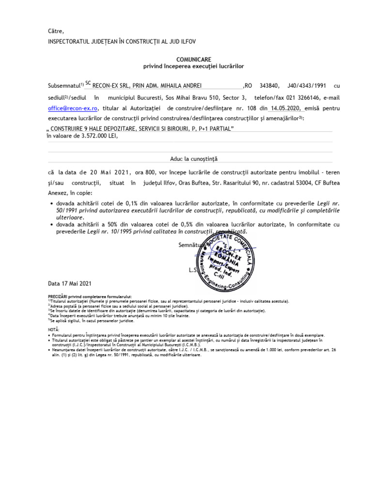 Anunt Incepere Lucrari ISC | PDF