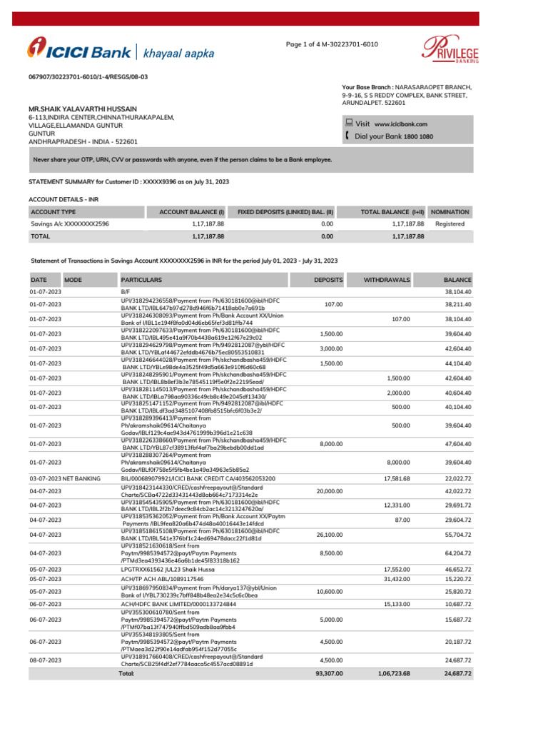 ICICI Statement - 2023MTH07 - 396581509 | PDF
