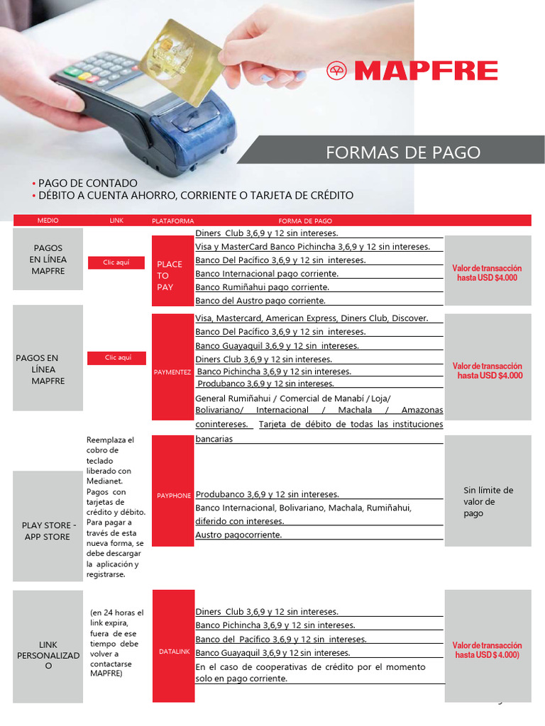 Formas Pago Mapfre Ec | PDF | Tarjeta de débito | Tarjeta de crédito