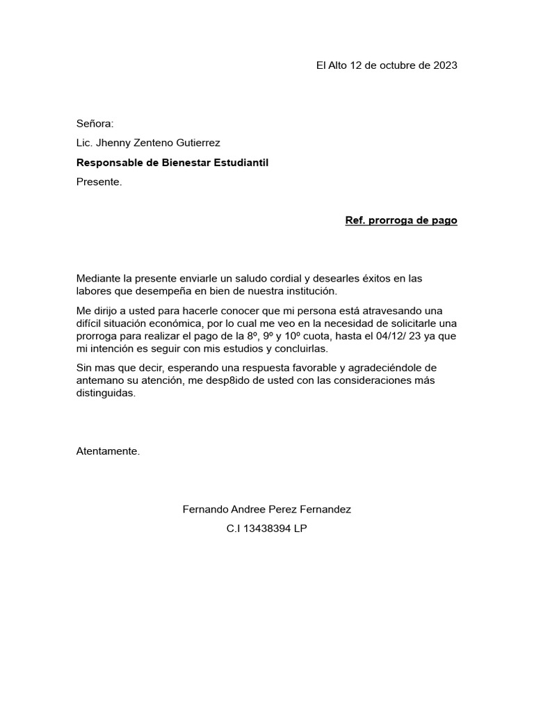 Solicitud de Prórroga de Pago | PDF | Derecho | Salud y bienestar