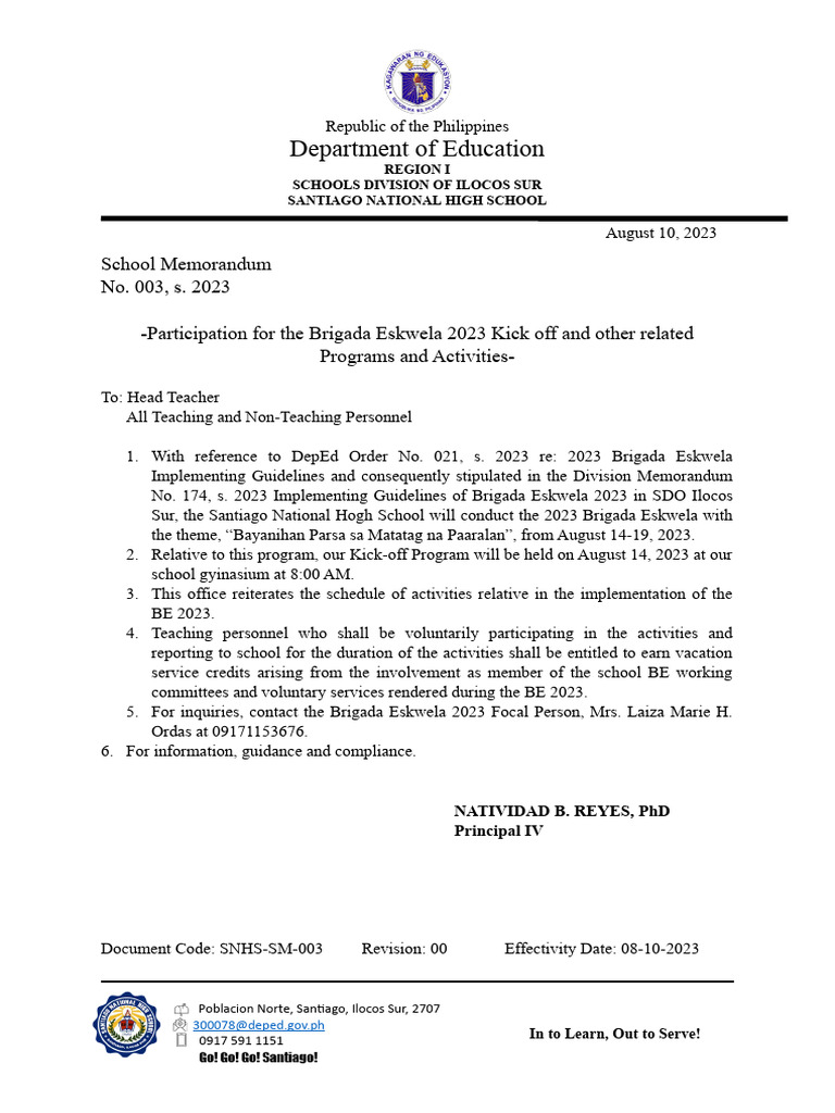 School-Memo - 2023 BRIGADA 2023 | PDF