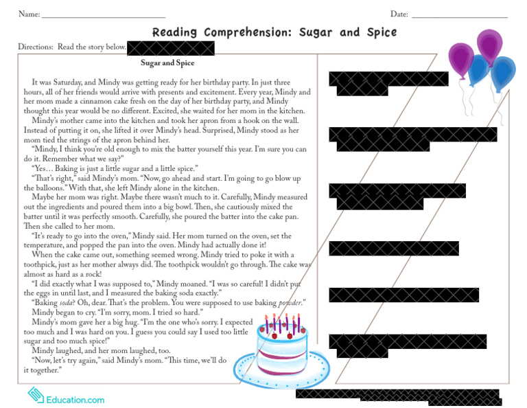 Reading Comprehension Sugar and Spice | PDF