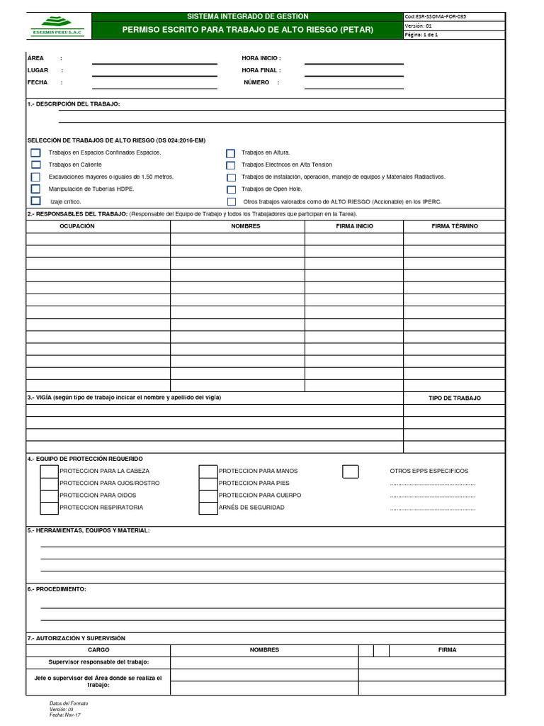 ESR-SSOMA-For-035 Permiso Escrito para Trabajos de Alto Riesgo V01 | PDF | Gases