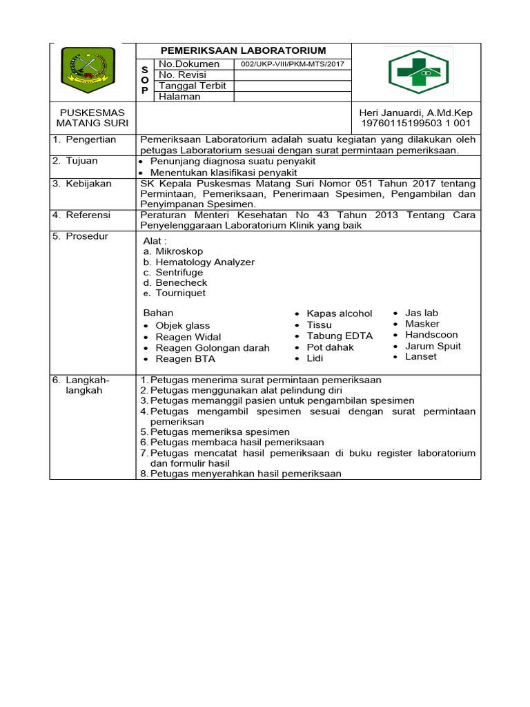 Sop Pemeriksaan Laboratorium PDF