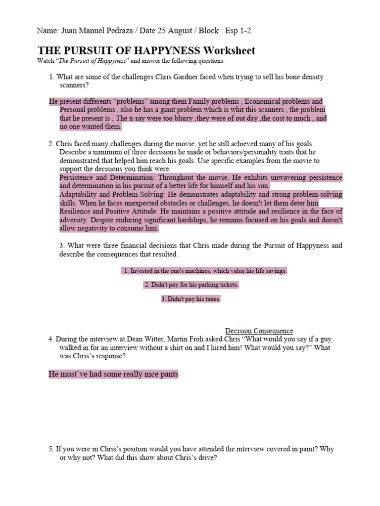 Pursuit of Happyness Worksheet | PDF | Career & Growth | Self-Improvement