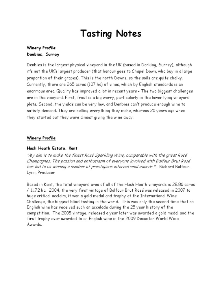 Tasting Notes: Winery Profile Denbies, Surrey | PDF | Rose | Wine