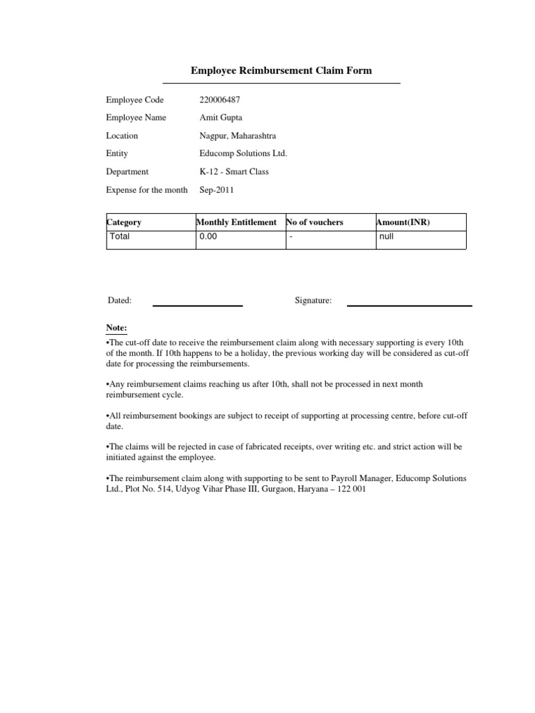 Employee Reimbursement Claim Form | PDF