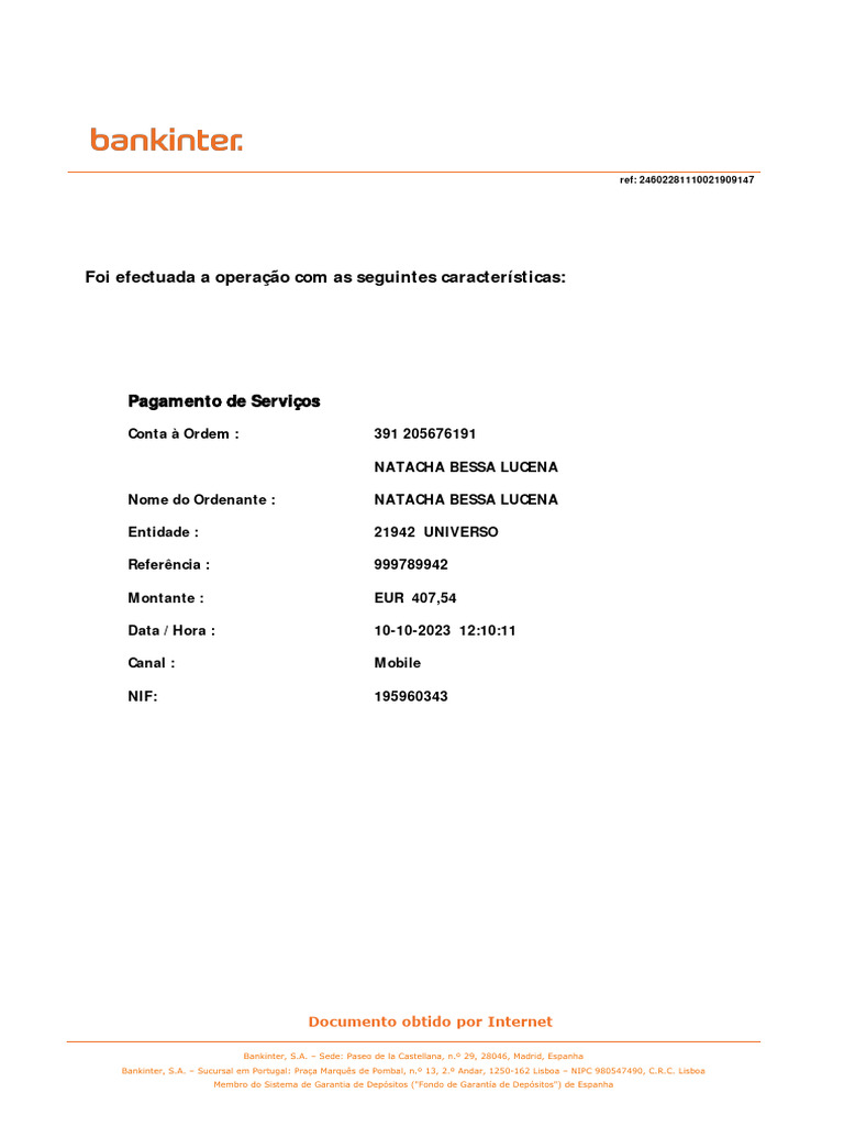 Comprovativo de Transferência Bankinter | PDF