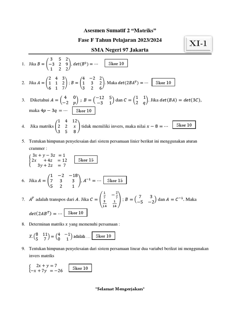 Asesmen 2 (Determinan Dan Invers Matriks) - XI.1 - XI.6 - 20230927 - 074405 | PDF