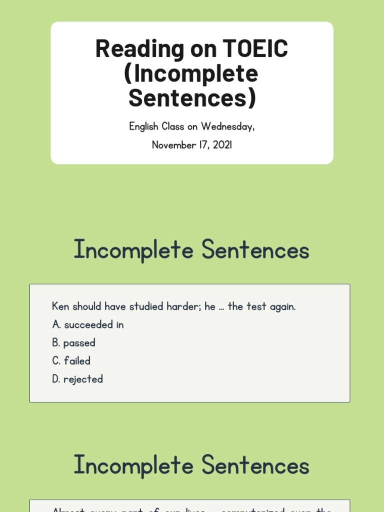Reading On TOEIC (Incomplete Sentences) | PDF