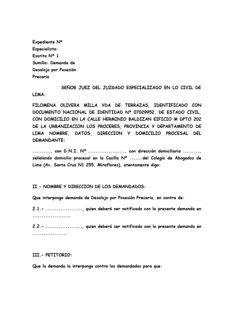 Eric Terrazas Modelo de Demanda de Desalojo Por Posesion Precaria | PDF ...