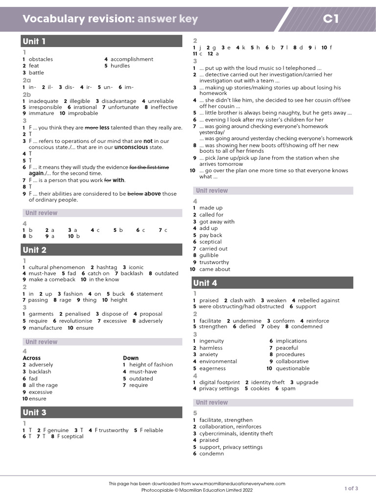 C1 Vocabulary Revision Answer Key | PDF