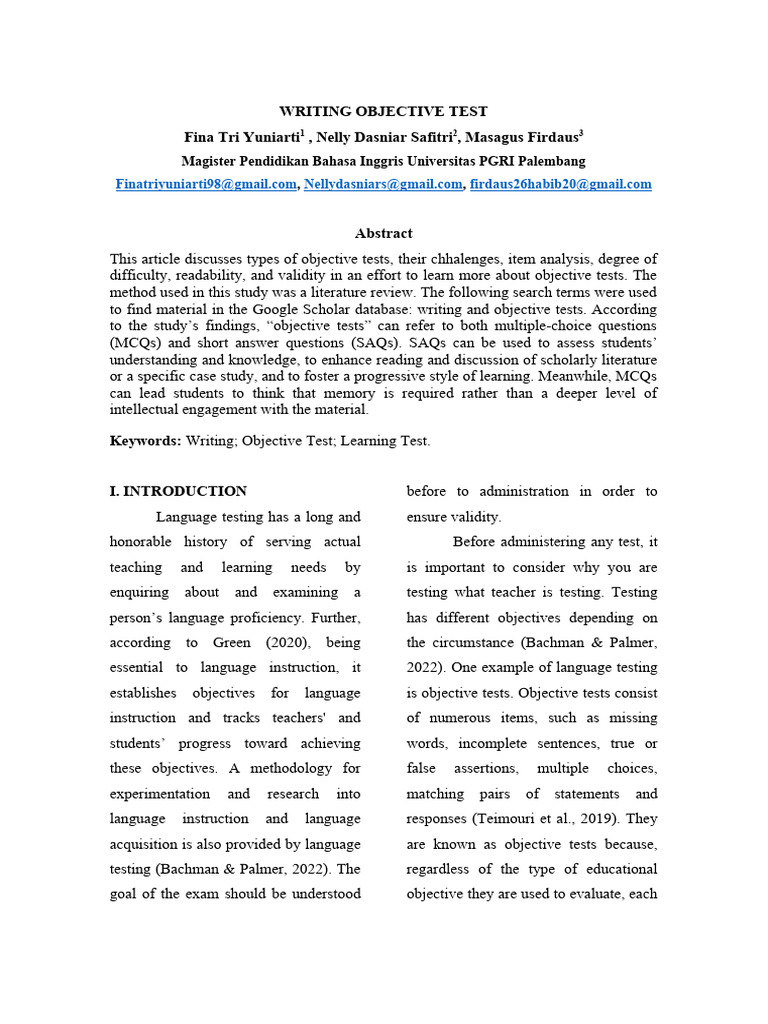 Writing Objective Test Article by Nelly&Fina | PDF | Multiple Choice ...