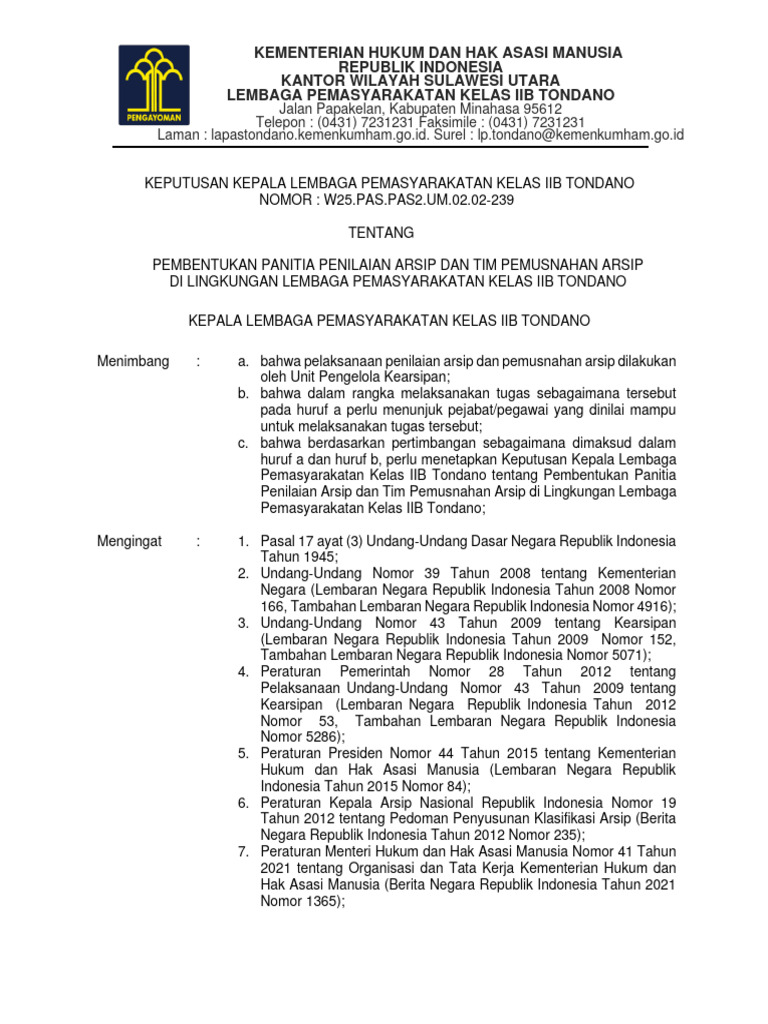 SK PANITIA PENILAIAN DAN TIM PEMUSNAHAN ARSIP | PDF