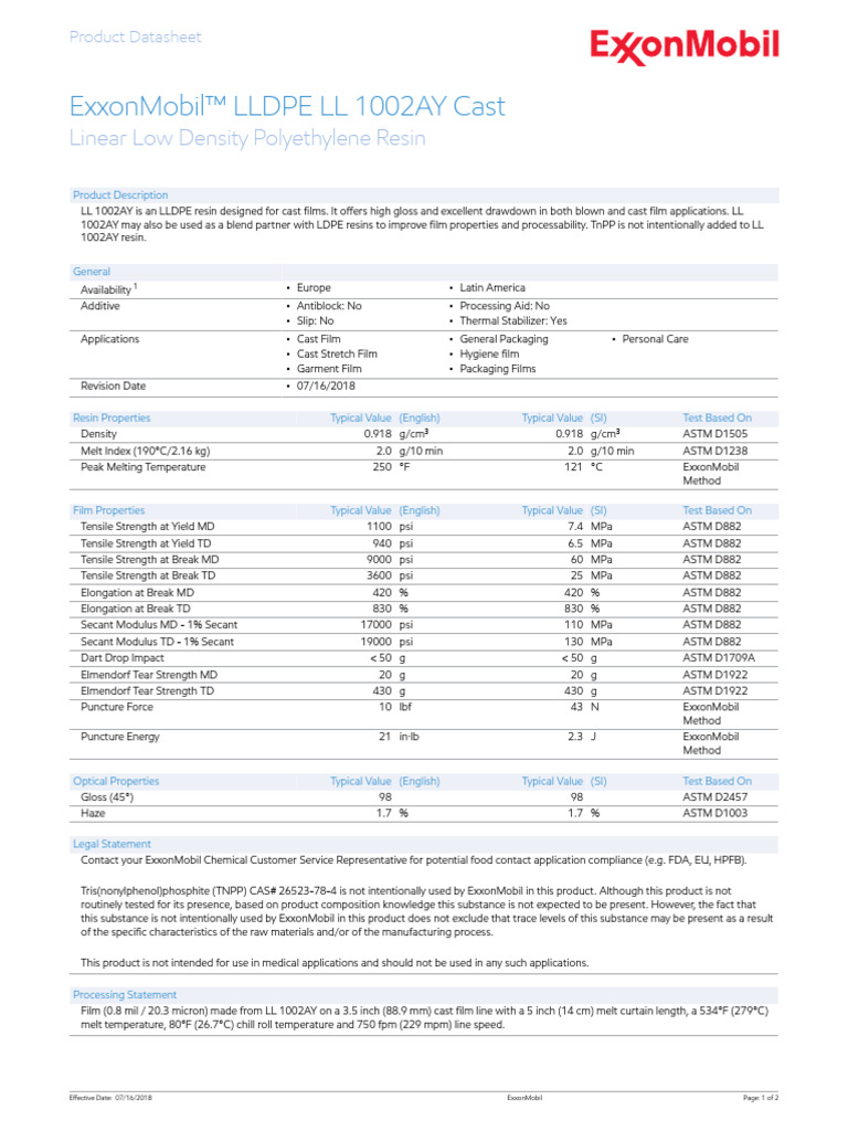 Exxonmobil Lldpe LL 1002ay Cast | PDF | Pascal (Unit) | Ultimate Tensile Strength