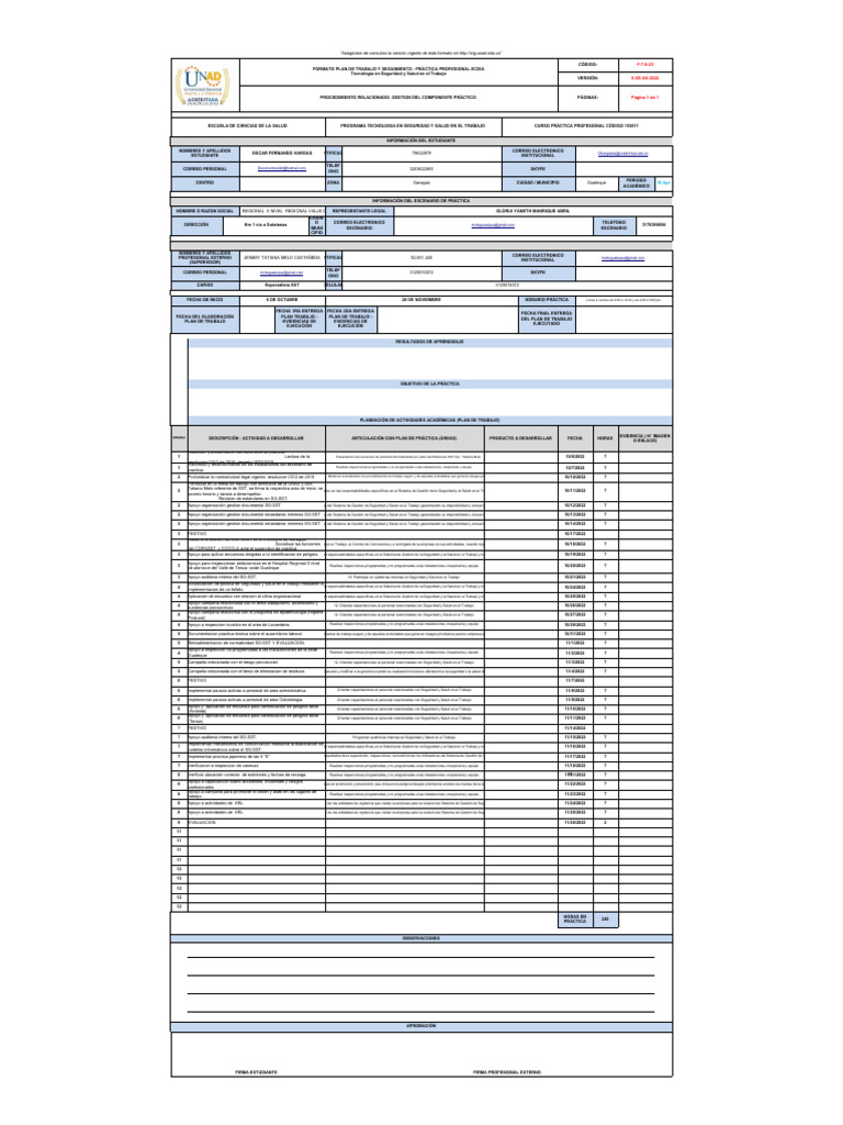 Anexo 2 - F-7!6!23 Formato Plan de Trabajo DILIGENCIADO.2 | PDF | Seguridad y salud ocupacional ...