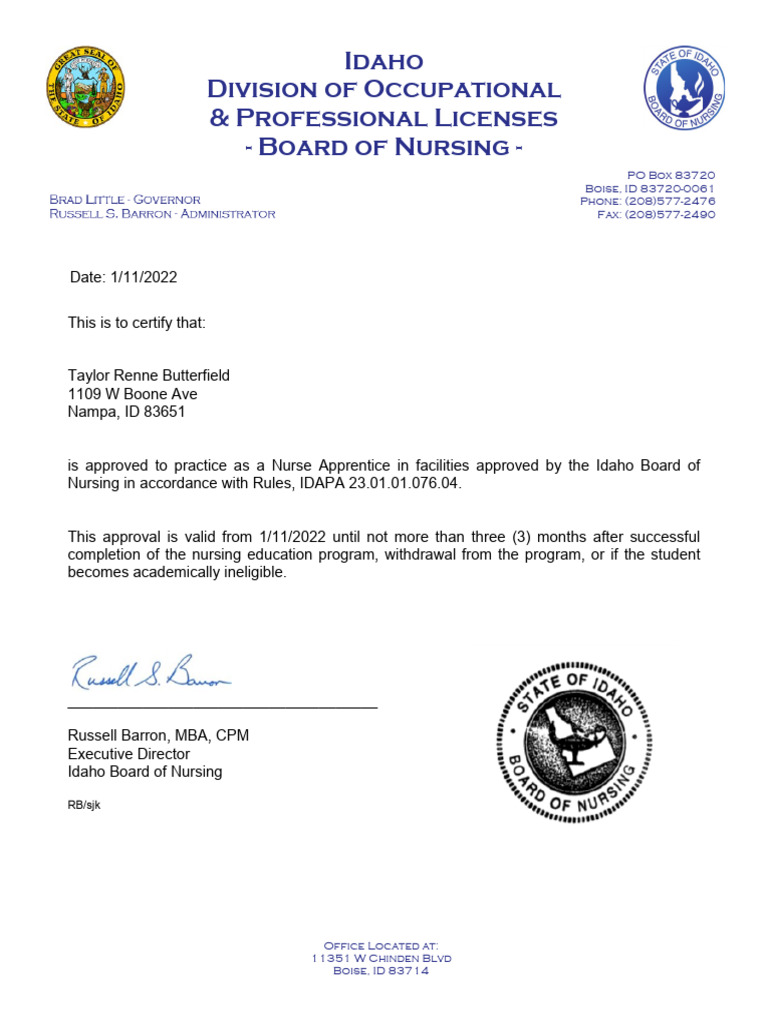 Nurse Apprentice Letter of Approval | PDF