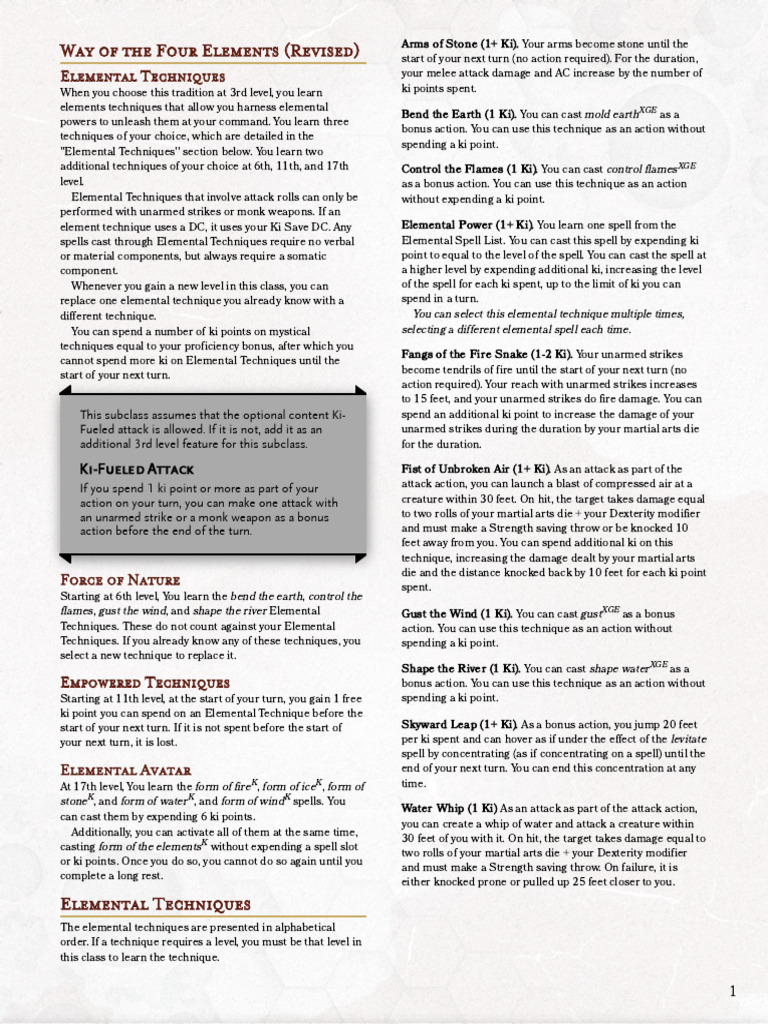 Monk - Way of The Four Elements - GM Binder | PDF