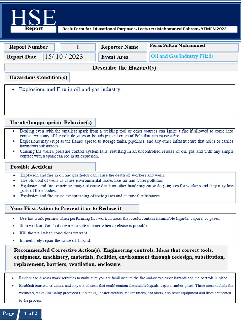 HSE Report Form | PDF | Hazards | Fires