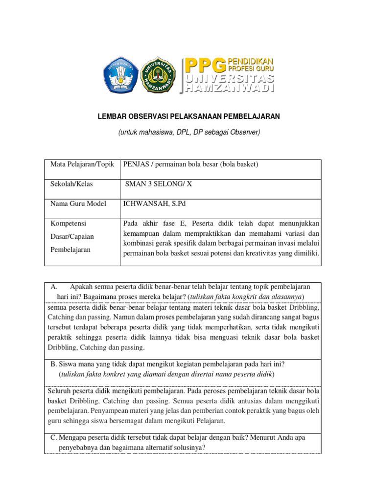 Lampiran 5. LK 4 Lembar Observasi Pelaksanaan Pembelajaran Untuk Observer 1 | PDF | Karier ...
