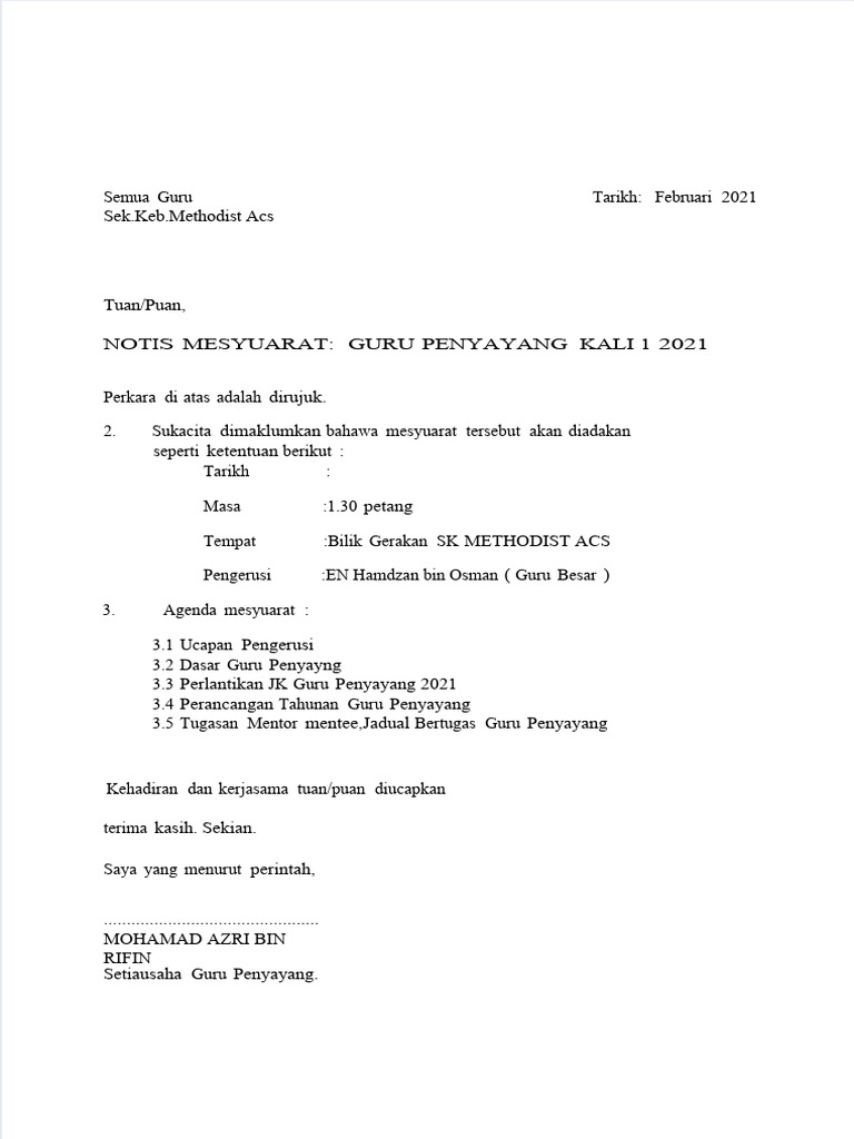 Minit Mesyuarat Guru Penyayang 1acs | PDF