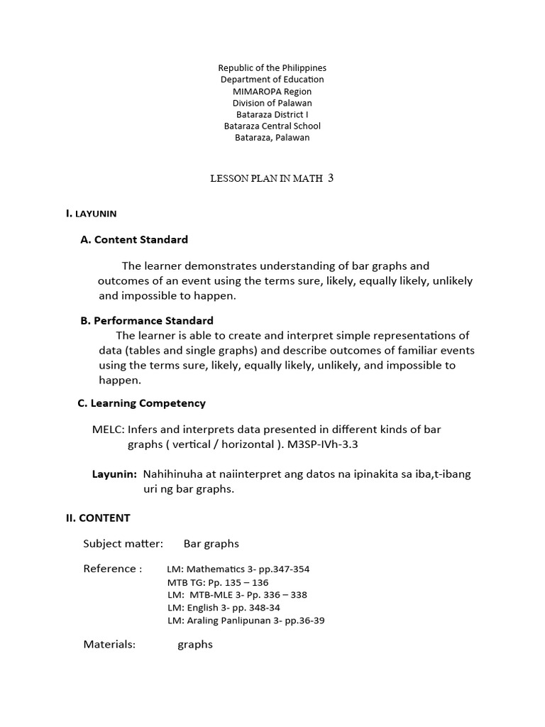 Lesson Plan in Math III (Bar Graph) | PDF