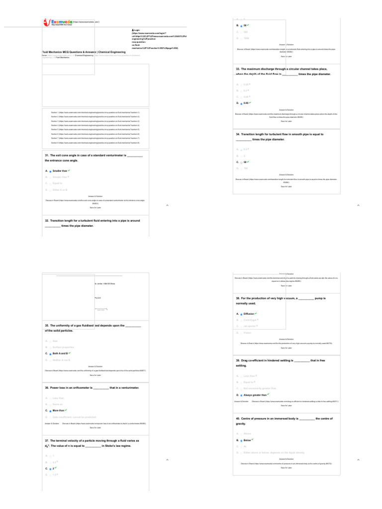 Fluid Mechanics MCQ Questions & Answers - Chemical Engineering Page-4 Section-2 | PDF