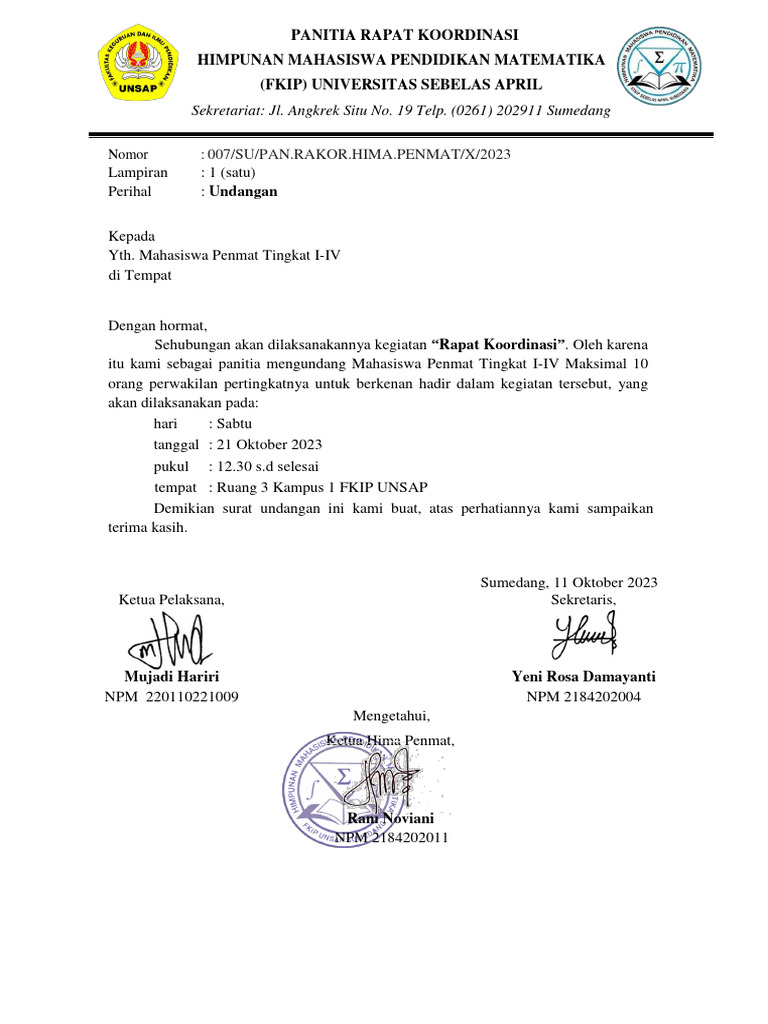 Undangan Rapat Koordinasi HIMA Penmat | PDF