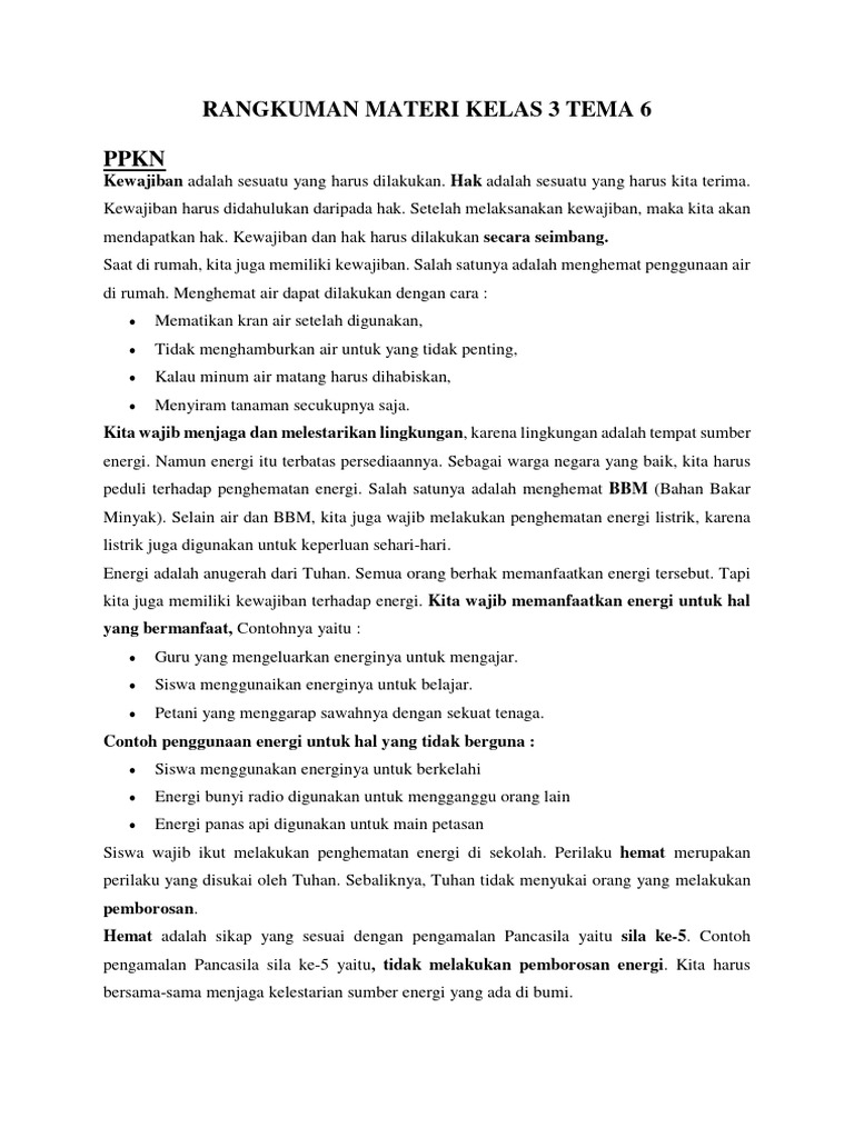 RANGKUMAN MATERI PPKN KELAS 3 TEMA 6 | PDF