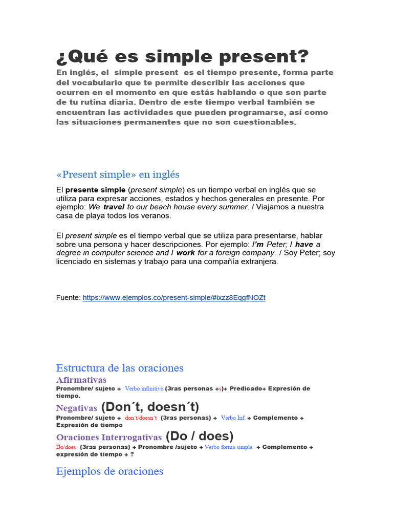 Oraciones Afirmativas en Simple Present | PDF