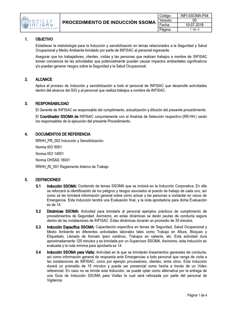 INFI-SSOMA-P04 Procedimiento Inducción SSOMA - 2019 | PDF INFI-SSOMA-P04 Procedimiento Inducción SSOMA - 2019 | PDF
