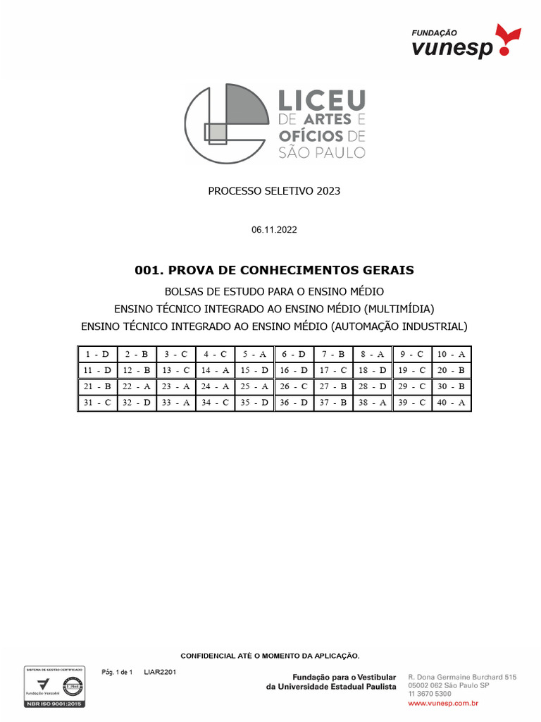 Liceu 2023 Gabarito | PDF
