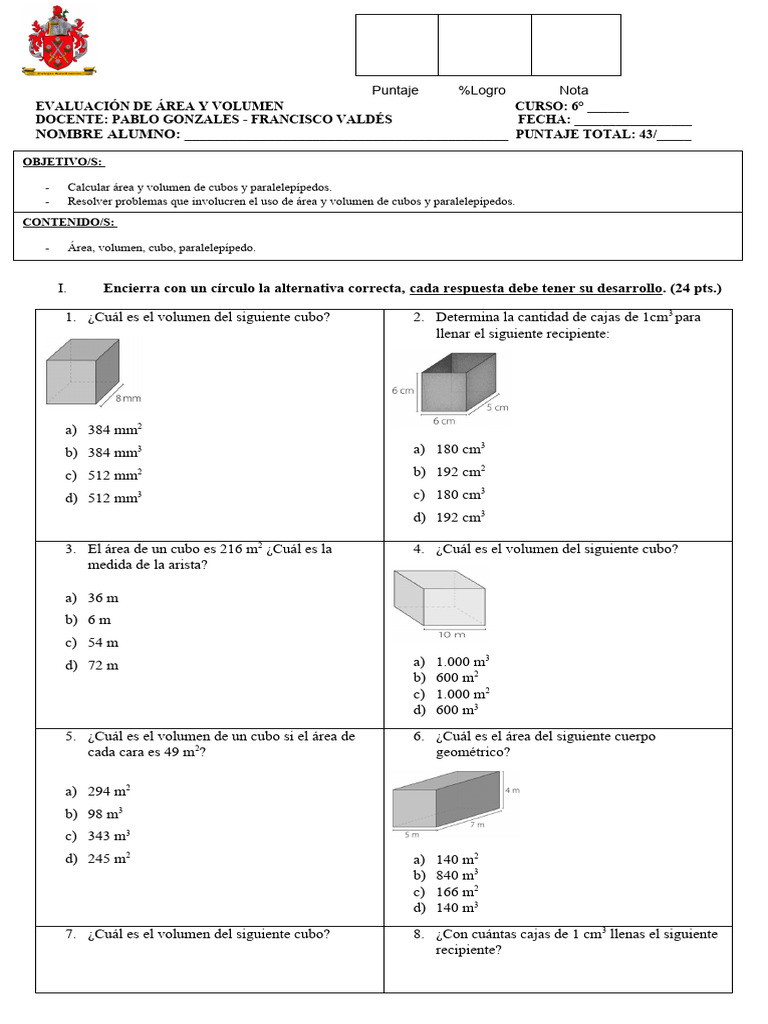 Evaluación Área y Volumen | PDF | Rectángulo | Triángulo